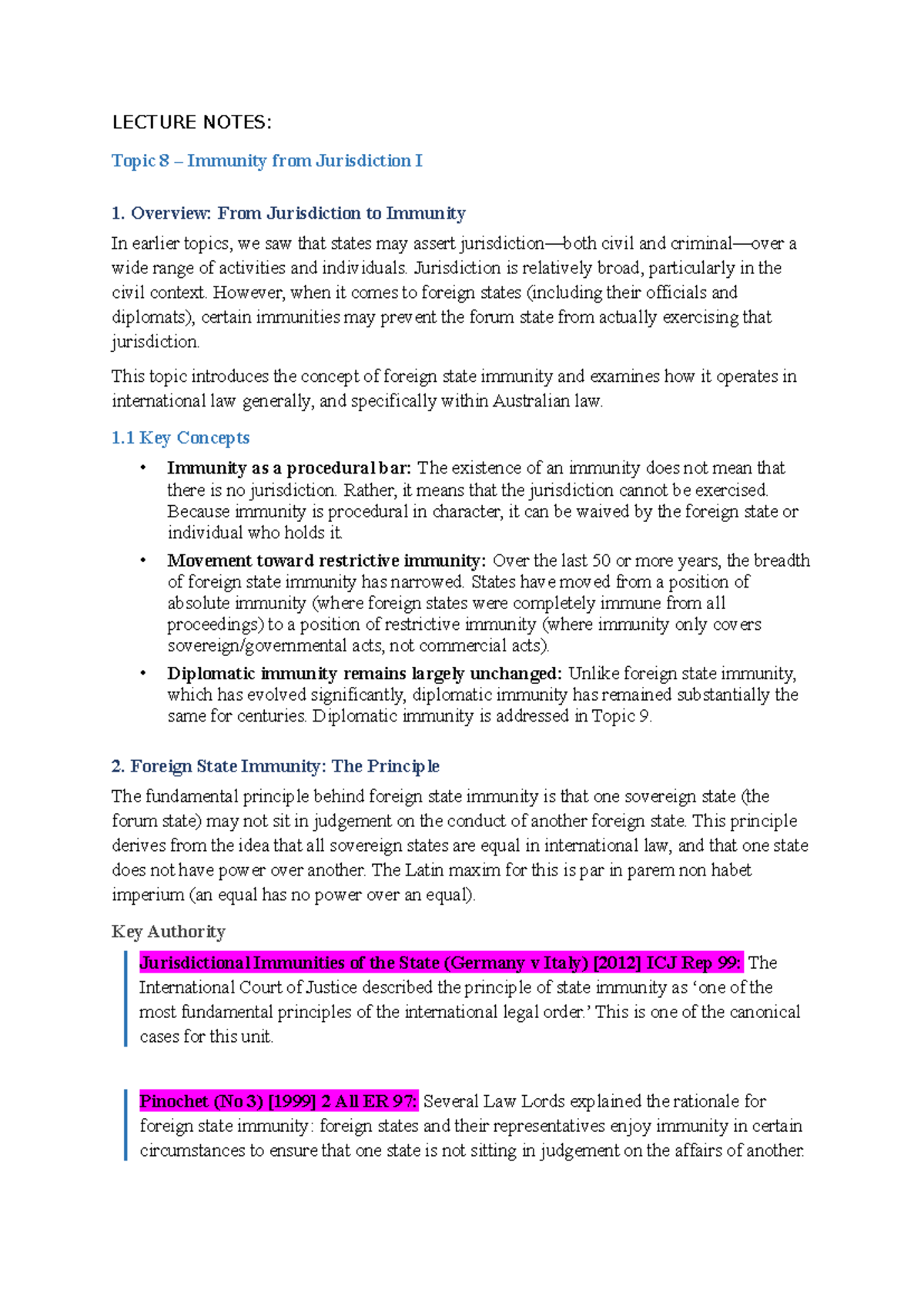 LECTURE NOTES: Topic 8 - Foreign State Immunity in International Law ...