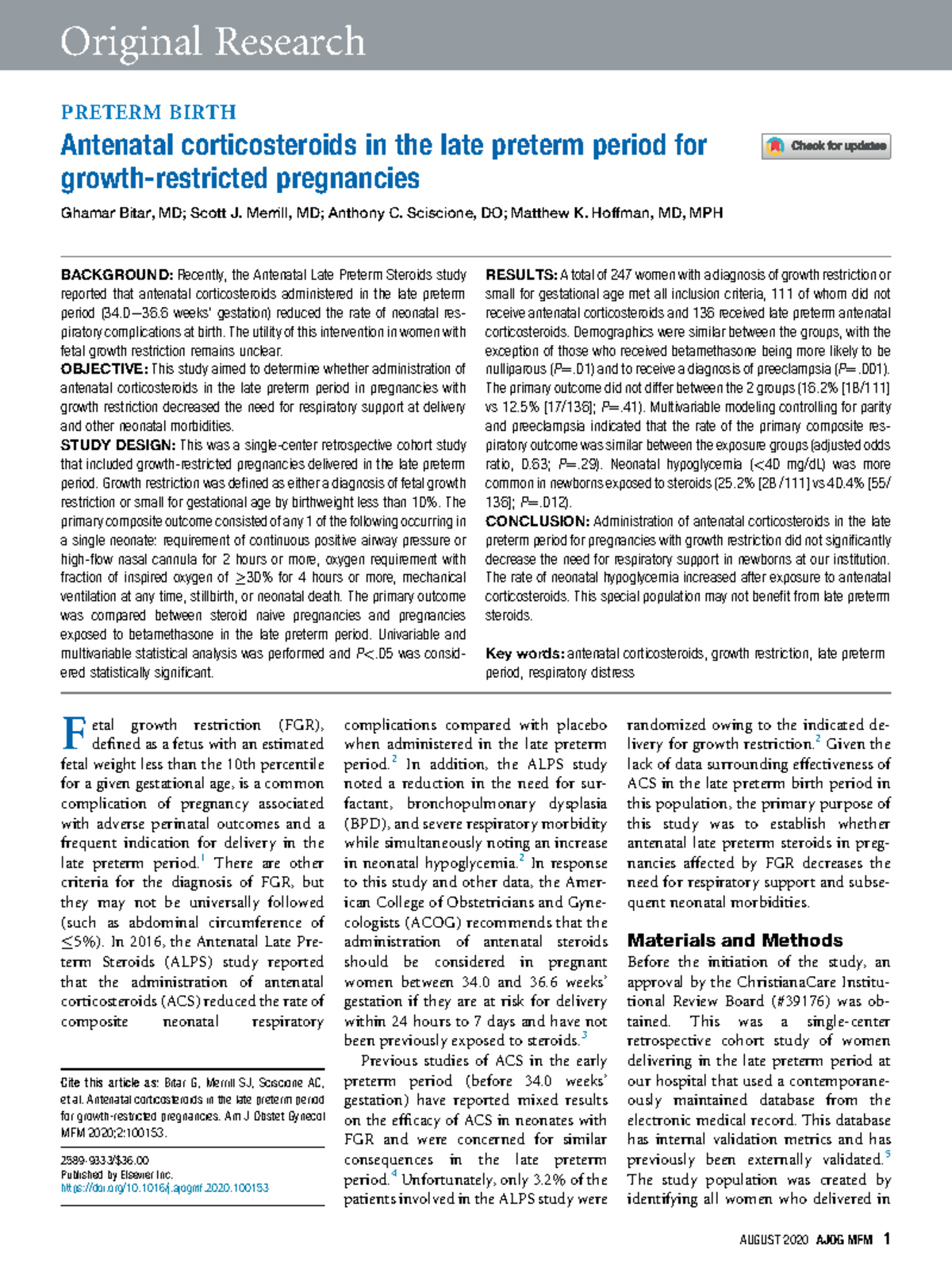 Antenatal Corticosteroids in Late Preterm Birth: FGR Outcomes (AJOG MFM ...