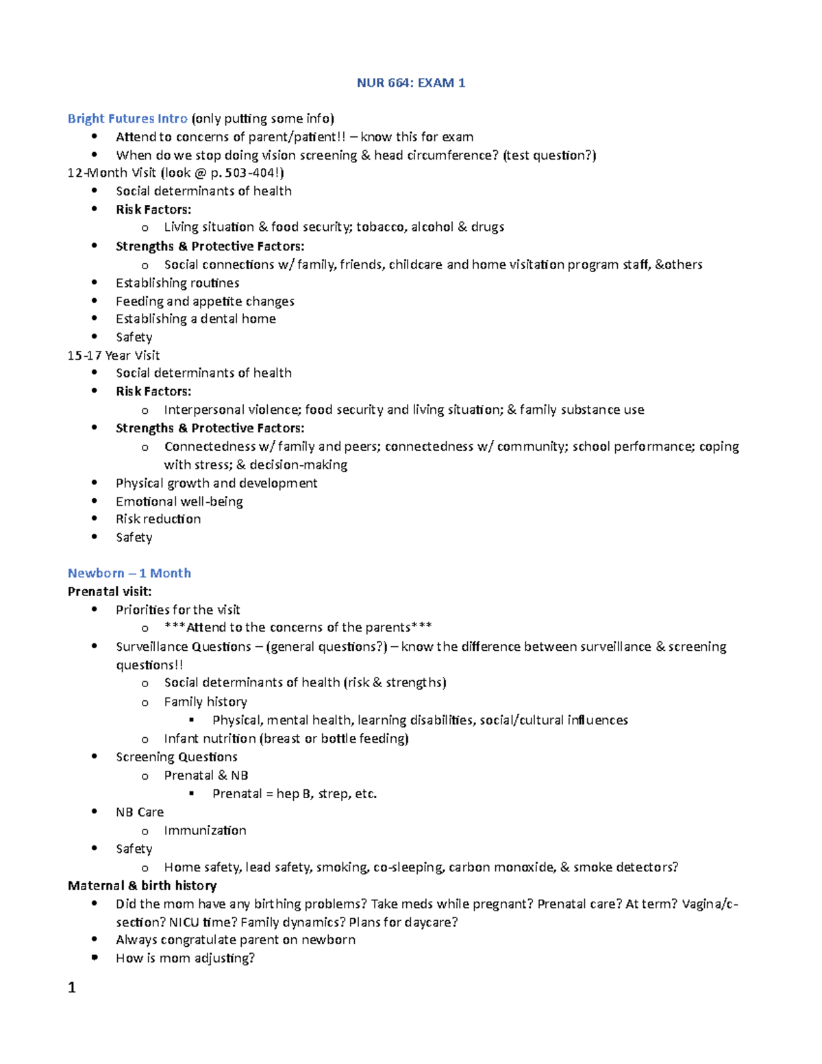 NUR664-Exam 1 - exam 1 study guide - NUR 664: EXAM 1 Bright Futures ...
