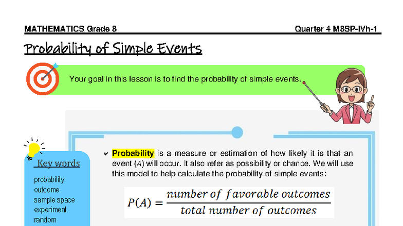 G8 M8SP-IVh Quarter 4 Lesson on Probability of Simple Events - Studocu