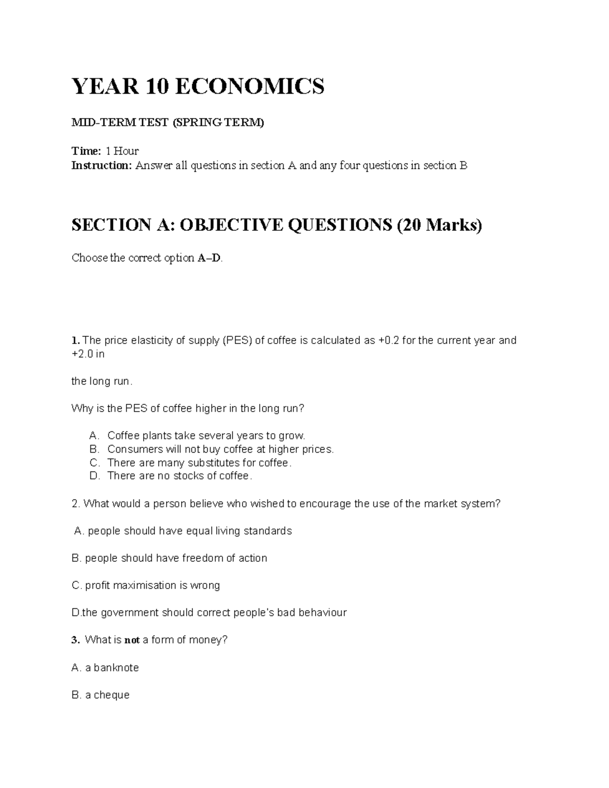 YEAR 10 ECONOMICS MIDTERM TEST (SPRING TERM) - Studocu