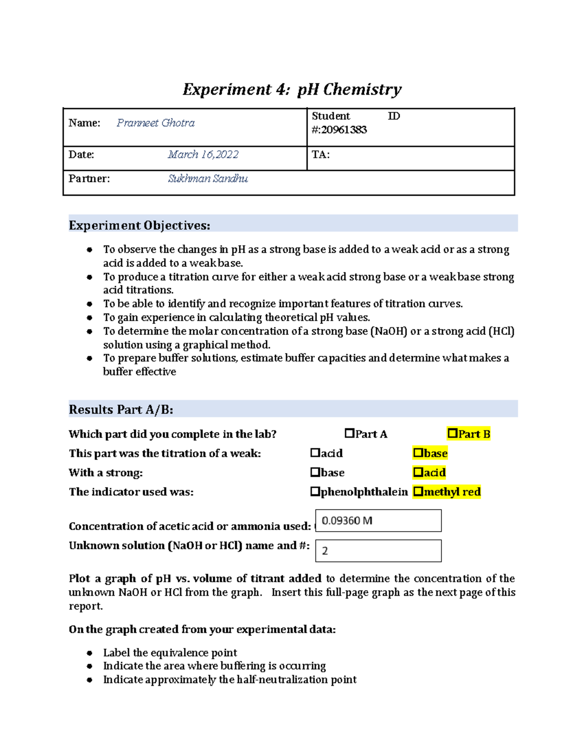 Ex4 p H Chemistry report template - 123L - Experiment 4: pH Chemistry ...