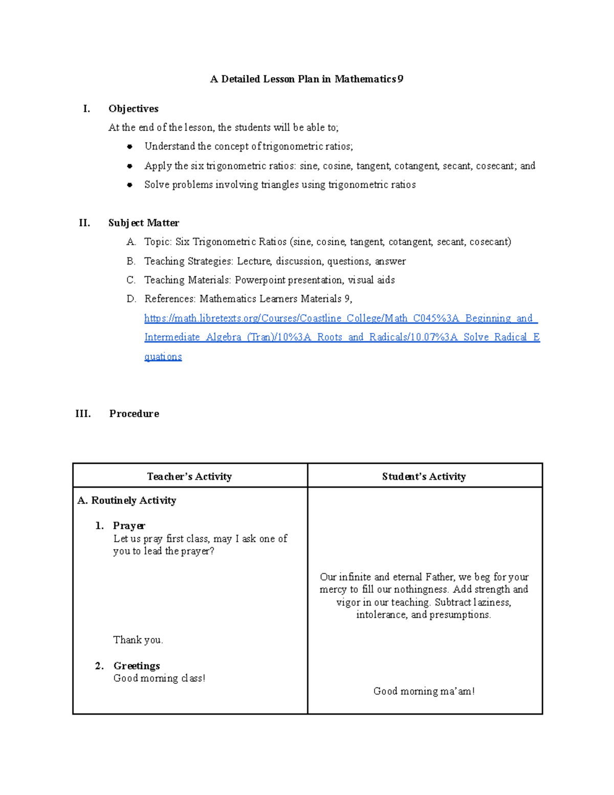 Mathematics 9: Detailed Lesson Plan on Six Trigonometric Functions ...