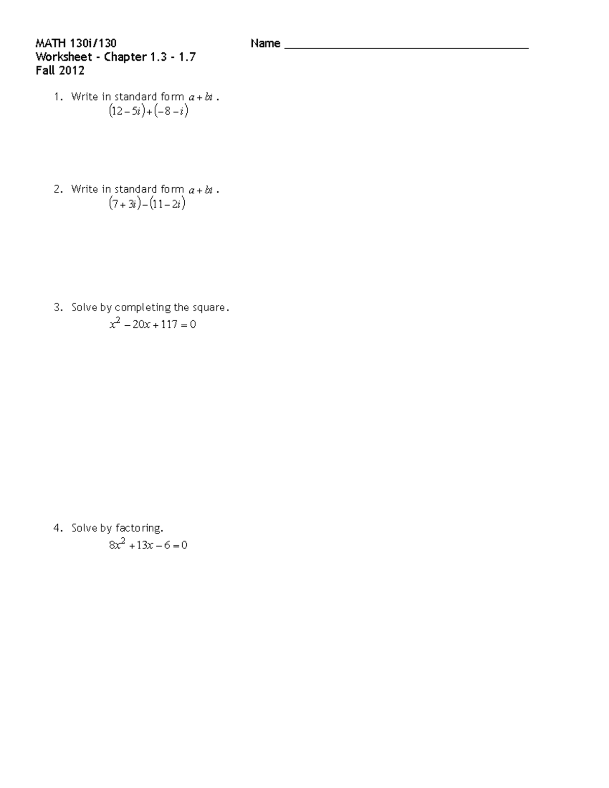 MATH Worksheet Chapter 1.3-1.7: Imaginary Numbers Solutions - Studocu