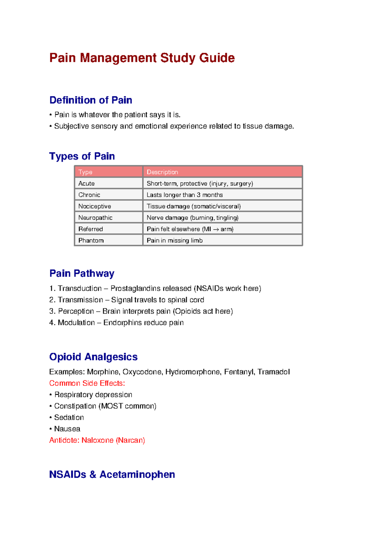 Pain Management Study Guide: Understanding Pain Types & Pathways - Studocu