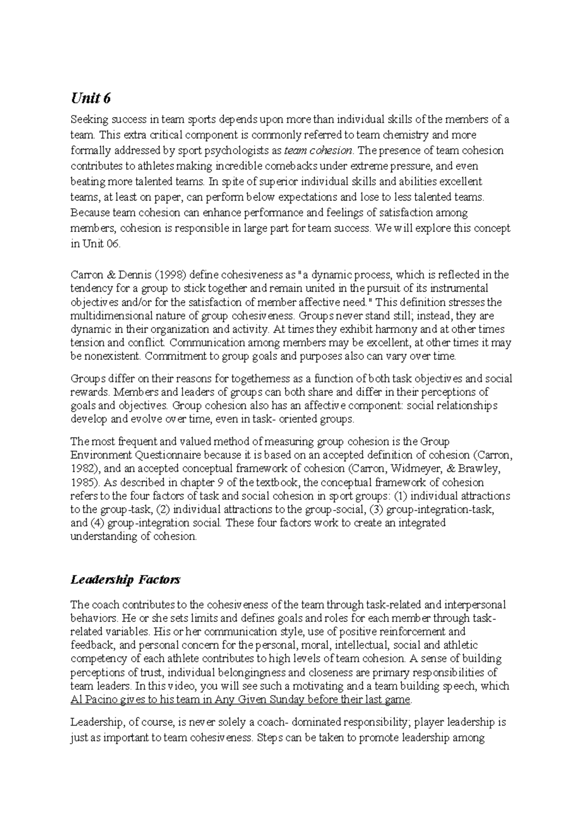 3480 Unit 6-10: Team Cohesion and Leadership in Sports - Studocu