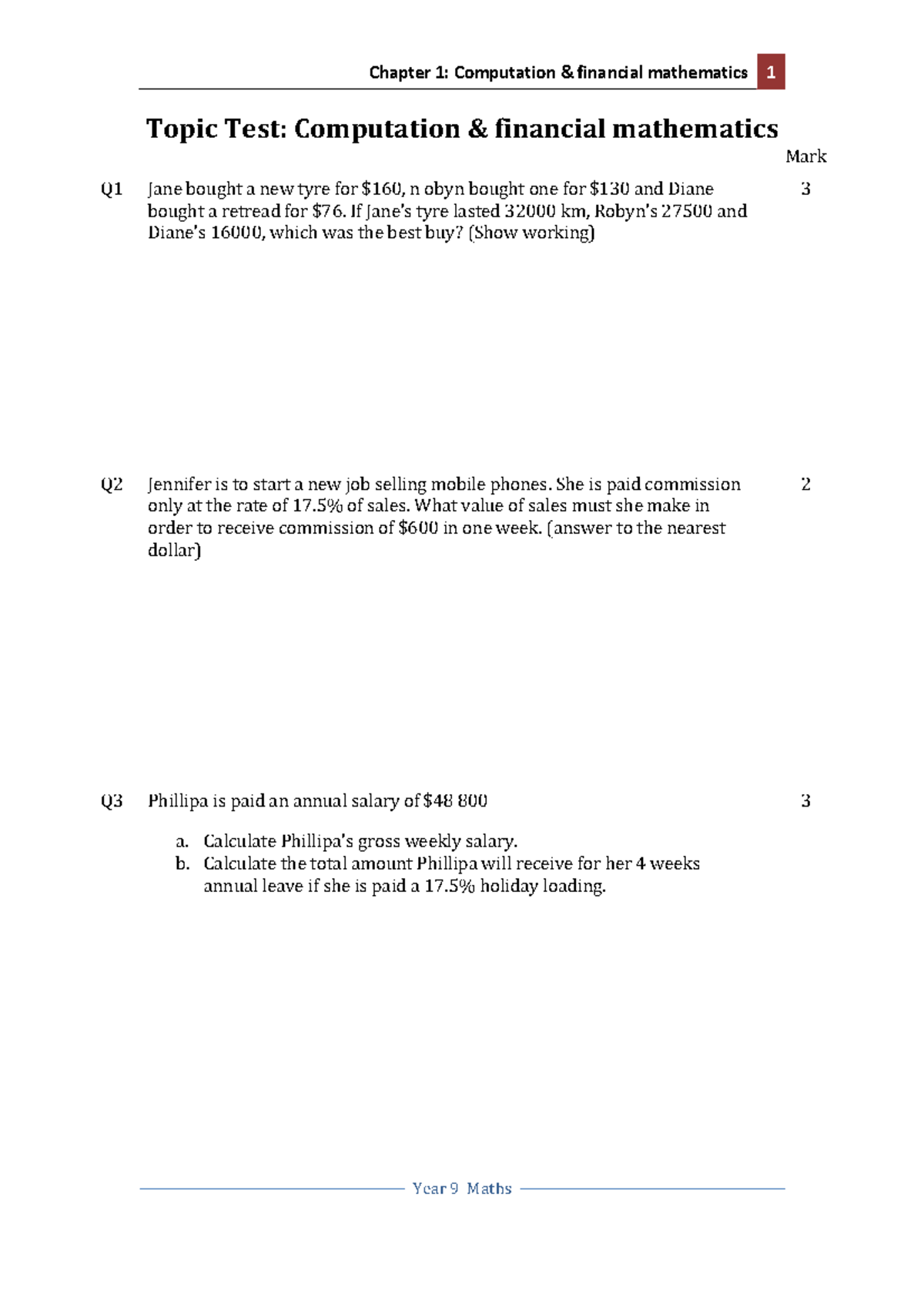 Y9 Topic Test: Computation & Financial Mathematics Chapter 1 - Studocu