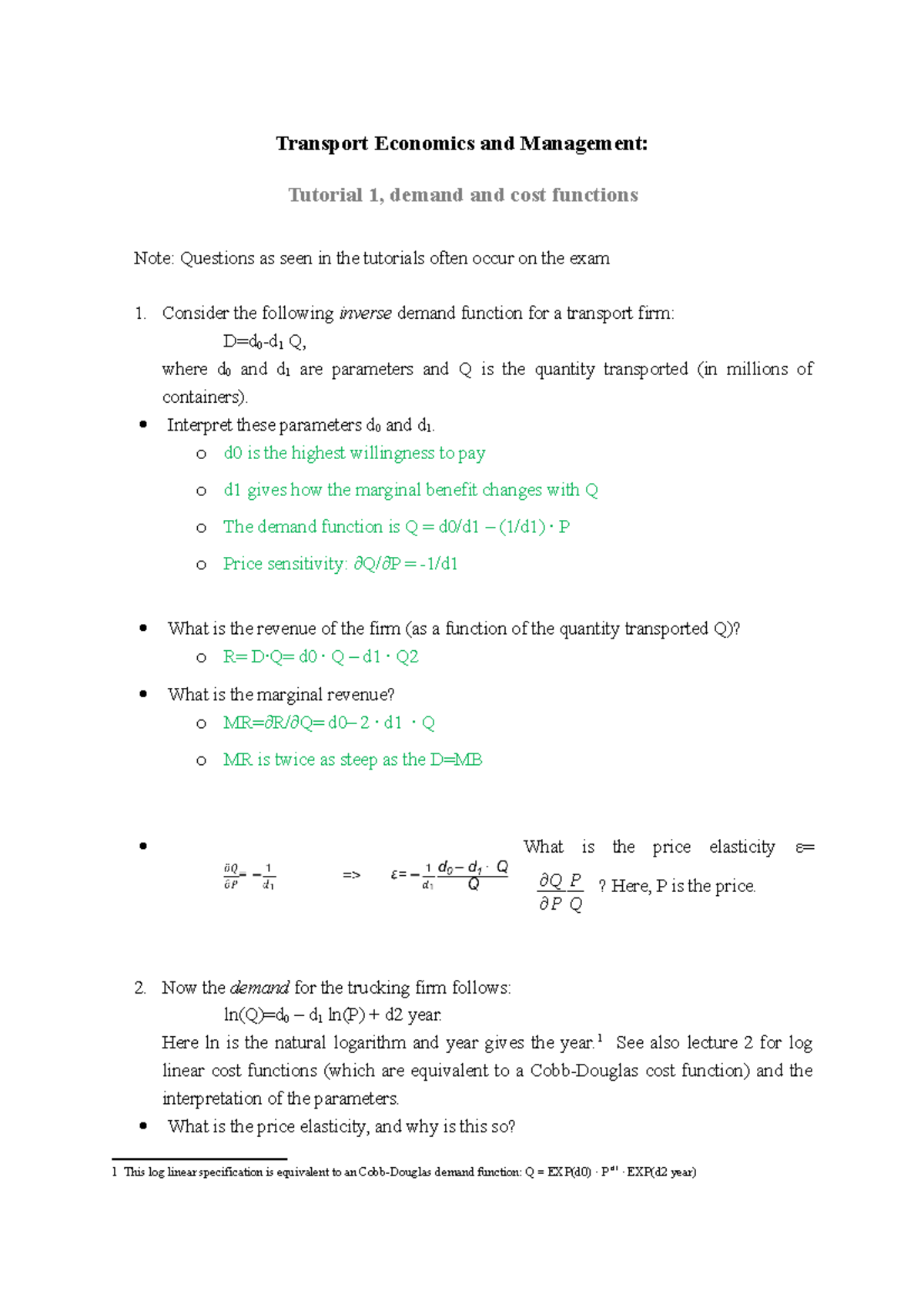 Transport Economics & Management (TEM) - Tutorial 1: Demand & Cost ...