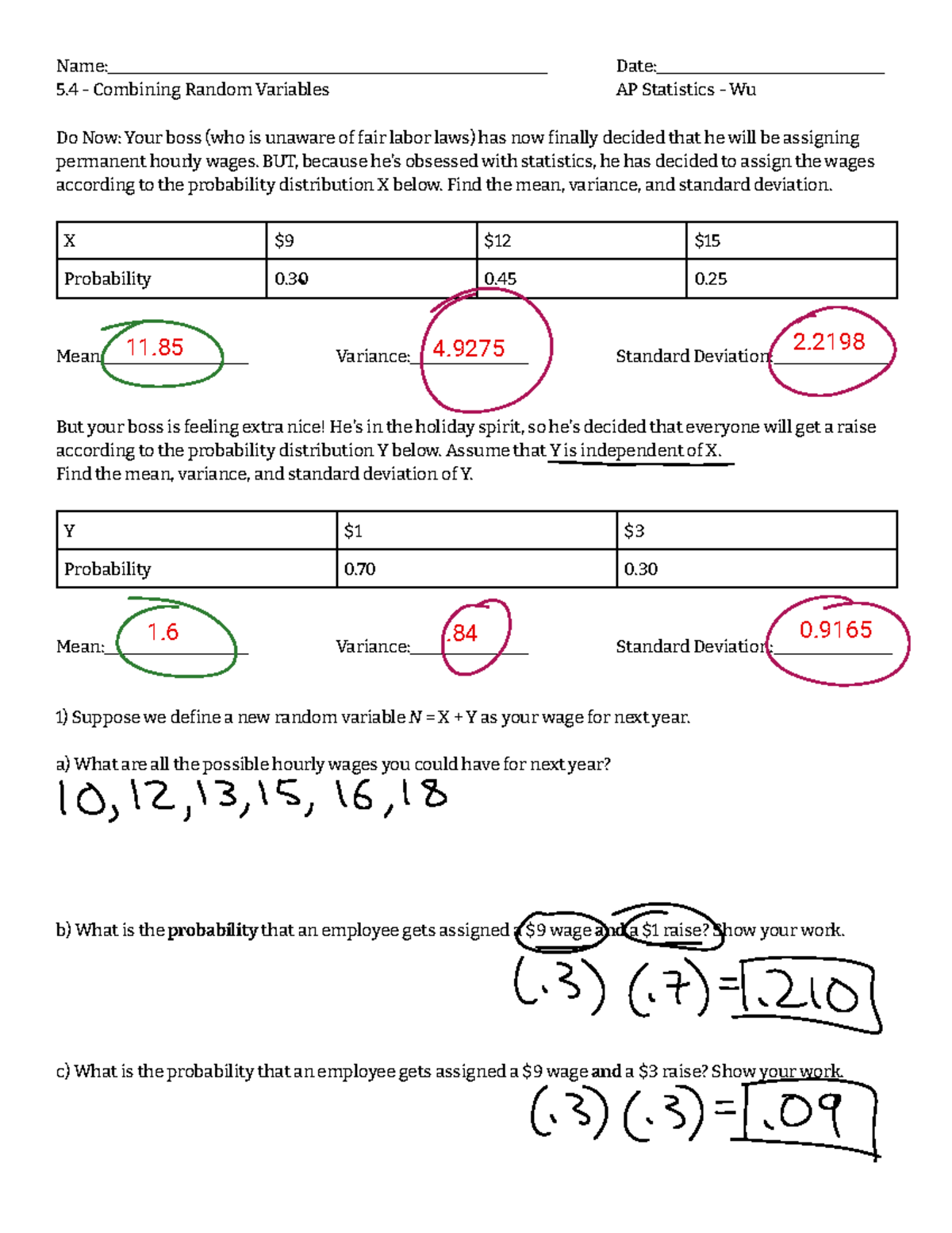5.4 AP Statistics Notes: Combining Random Variables Analysis - Studocu