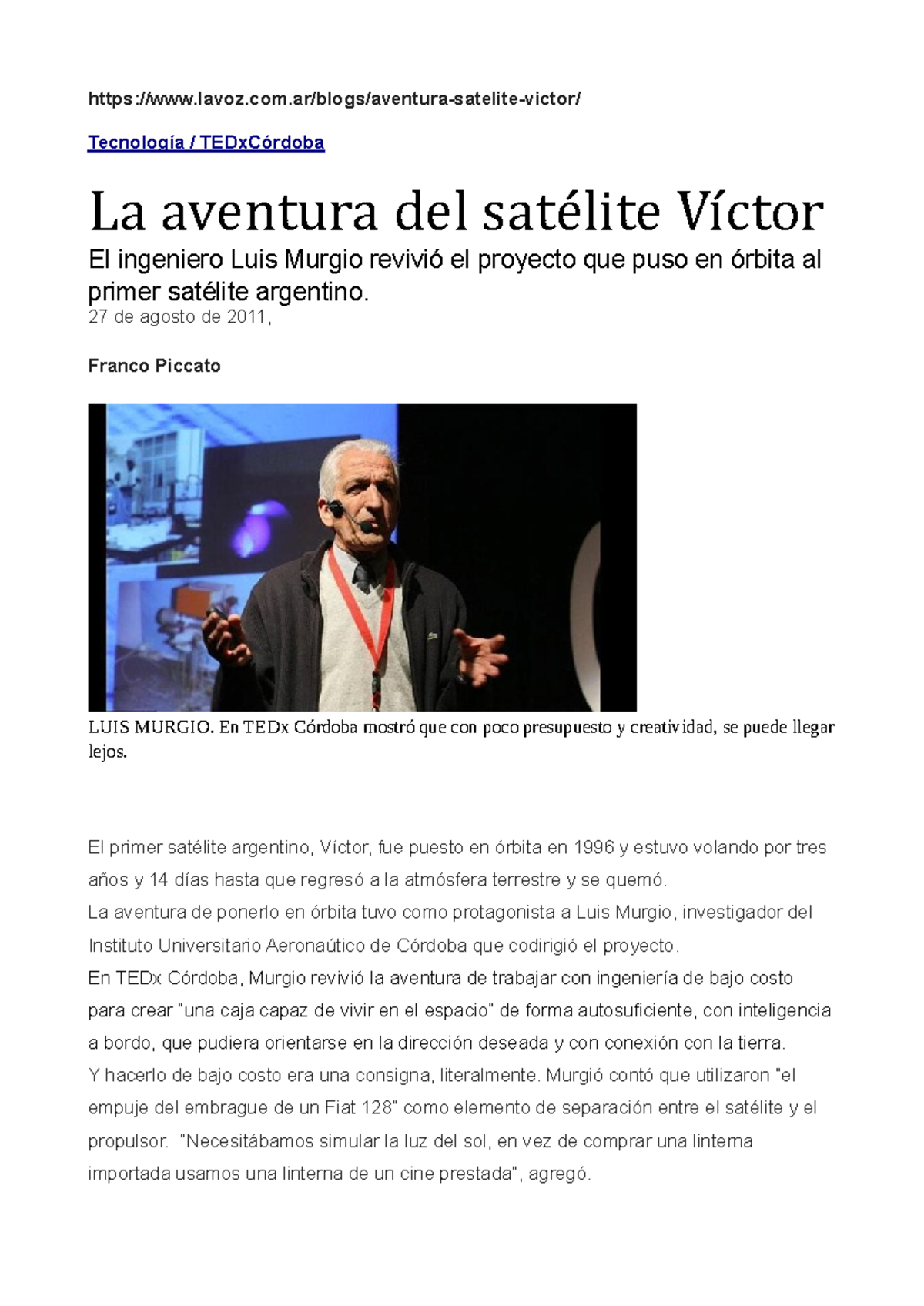 Tecnología y Creatividad: El Satélite Víctor en TEDxCórdoba - Studocu