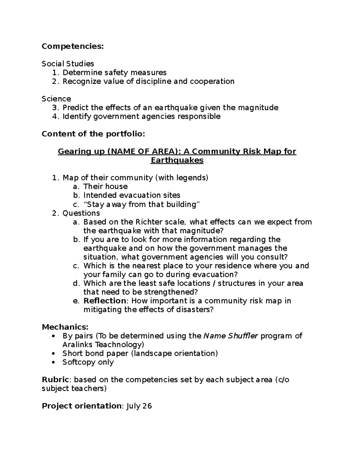 Interdisciplinary Performance Task Details for 1st Quarter (Science ...