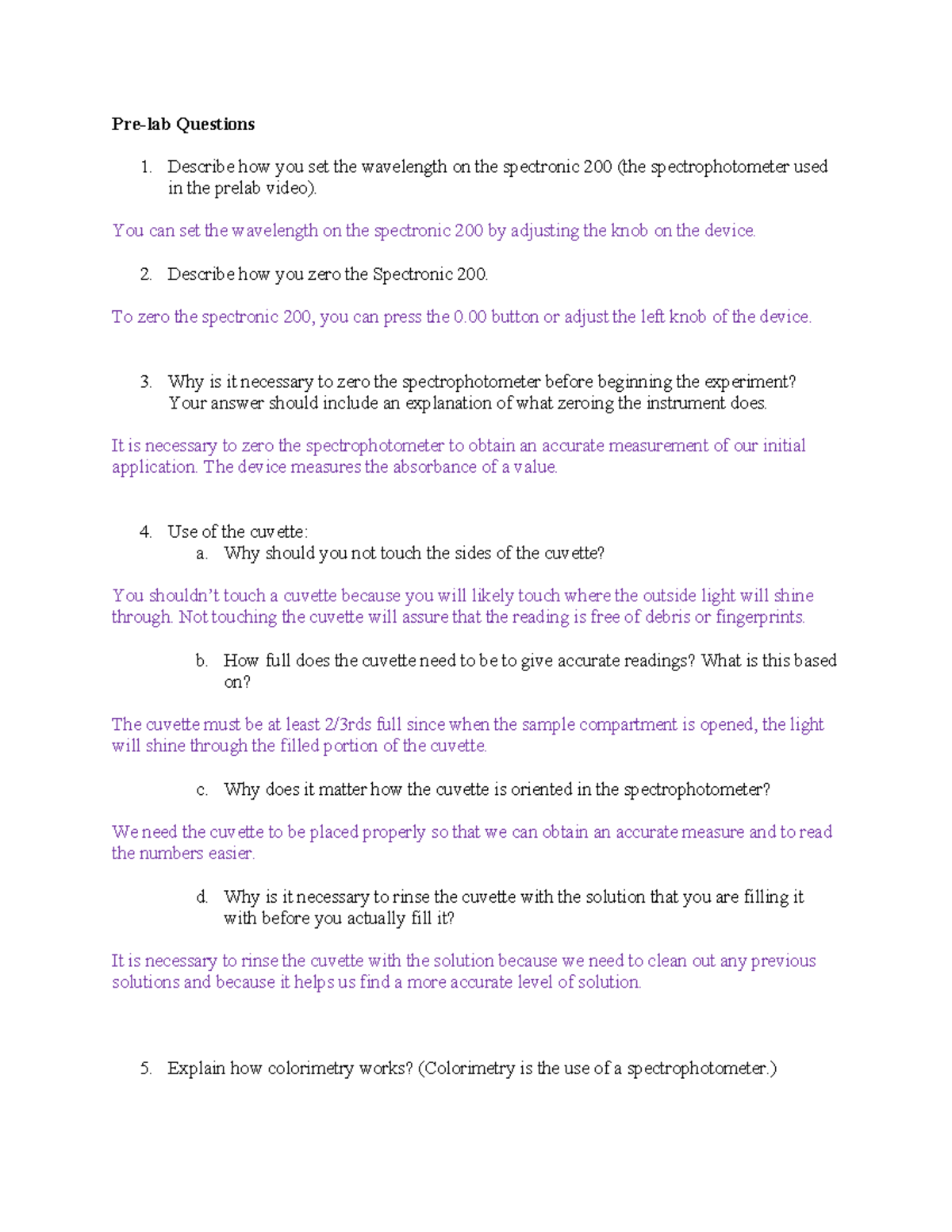 Lab Spectroscopy Pre-lab Assignment: Setting Up the Spectronic 200 ...