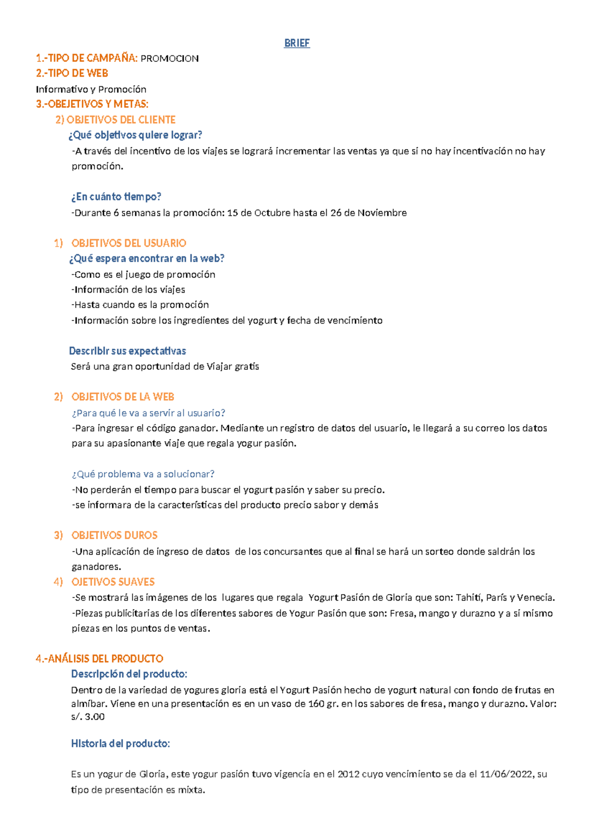 Brief yogurt - dasdasd - BRIEF 1.-TIPO DE CAMPAÑA: PROMOCION 2.-TIPO DE ...