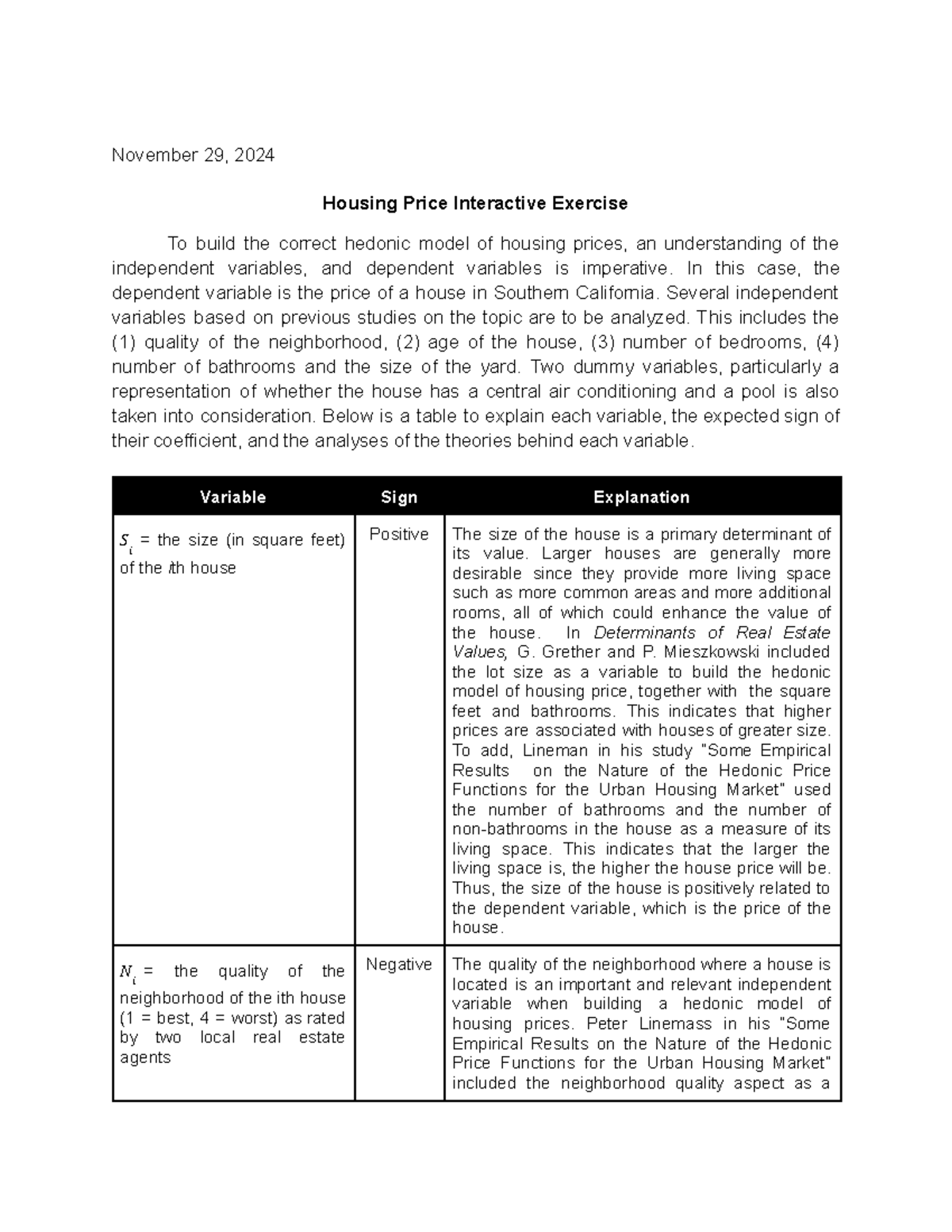 Housing Price Hedonic Model Analysis: Interactive Exercise - Studocu