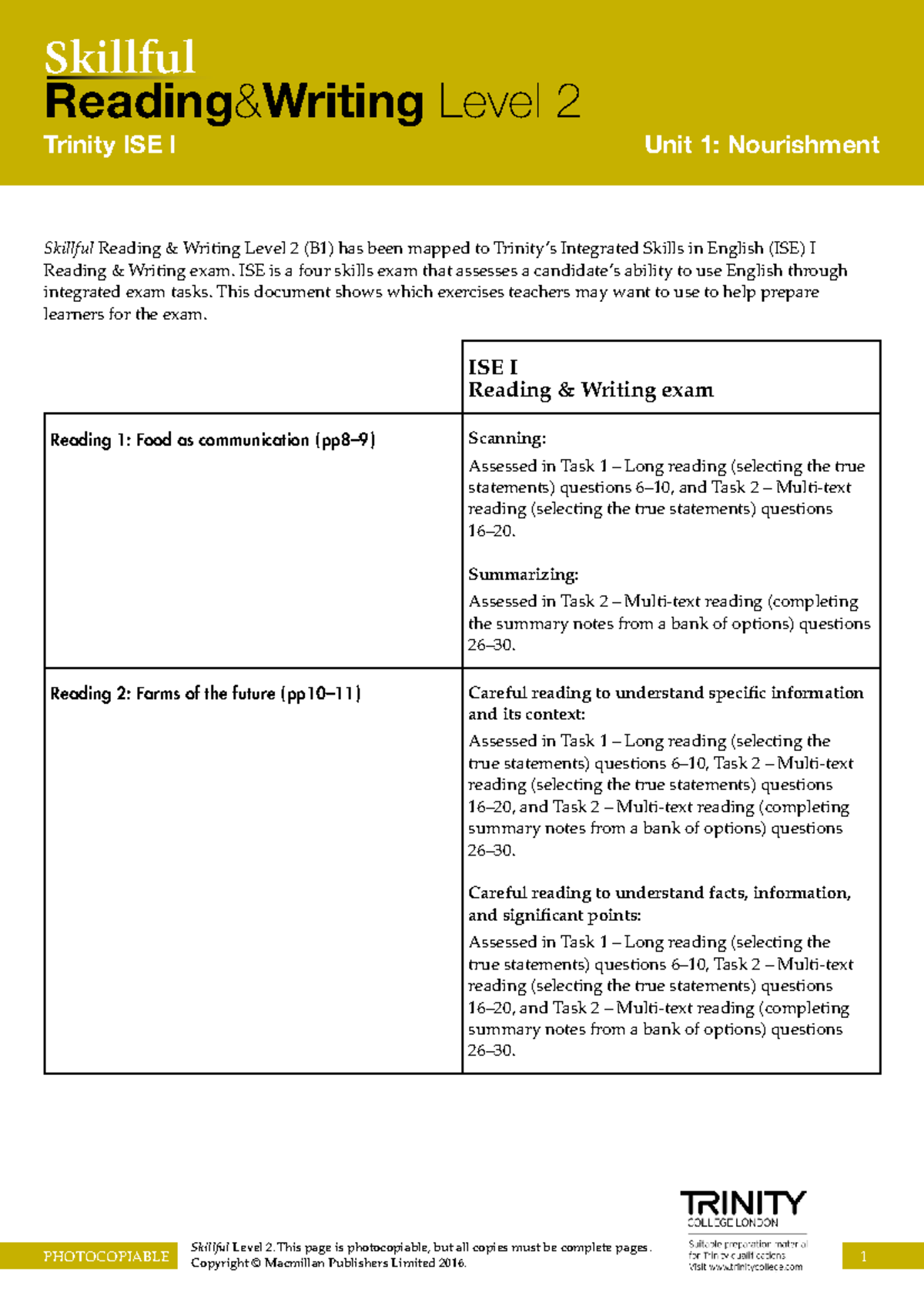 Skillful Reading & Writing Level 2: Trinity ISE I Exam Prep - Studocu