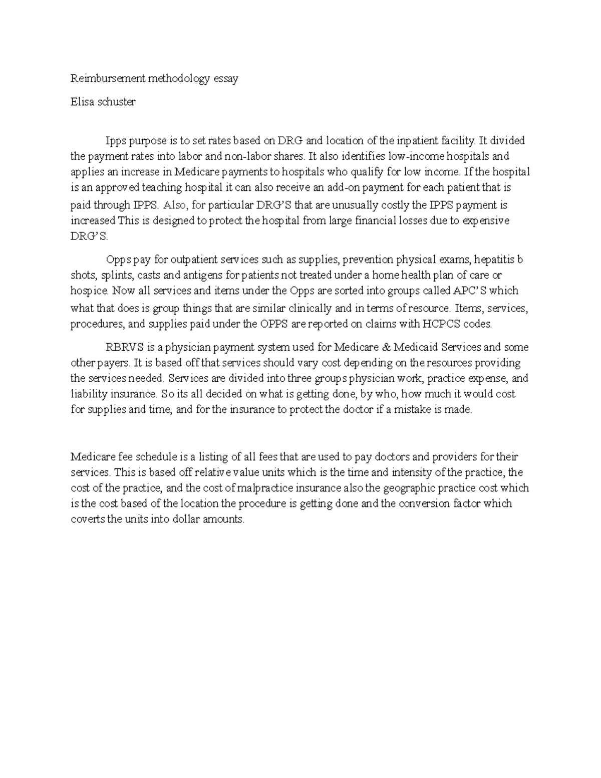Reimbursement Methodology Essay: Understanding IPPS and RBRVS - Studocu
