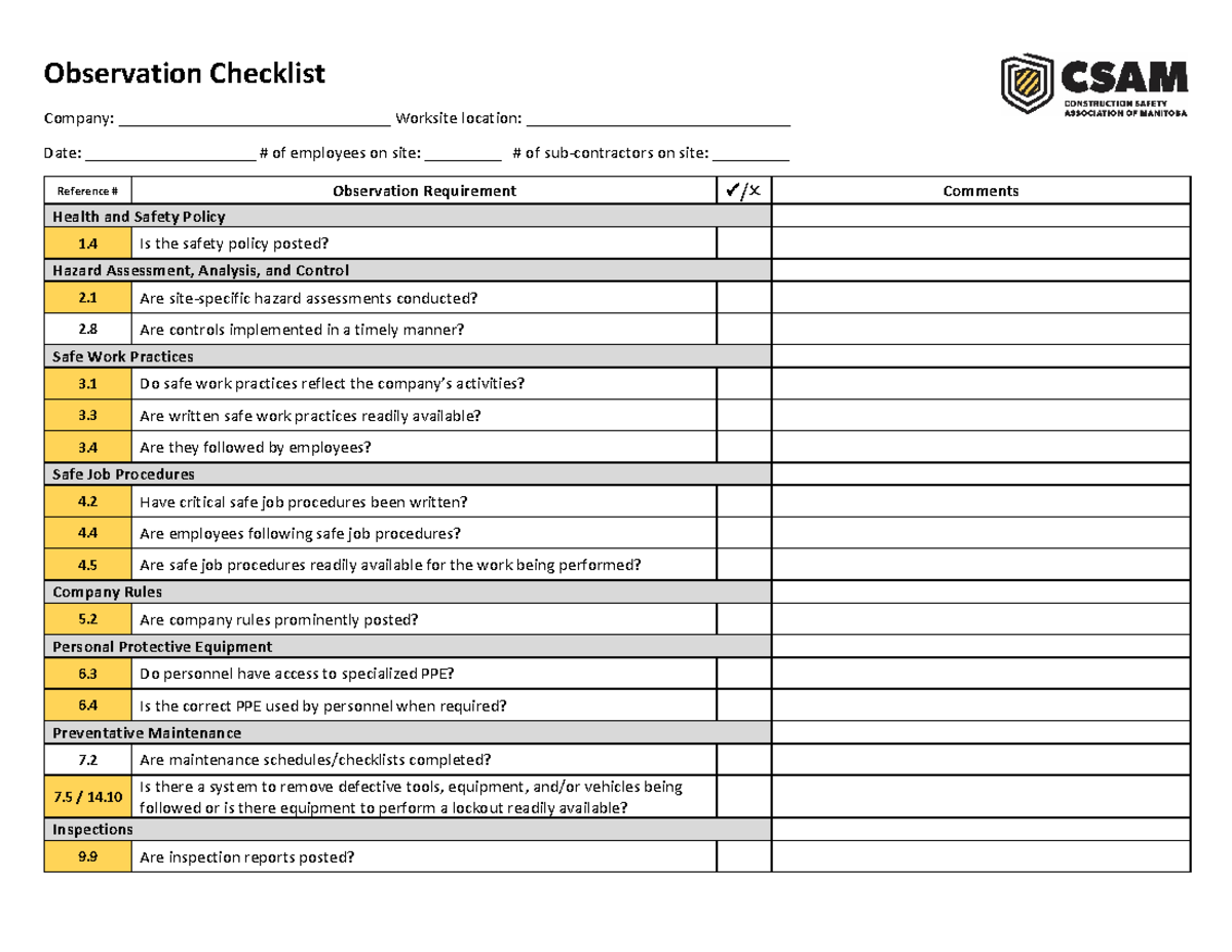 Observation Checklist for Health & Safety Compliance 2020 - Studocu