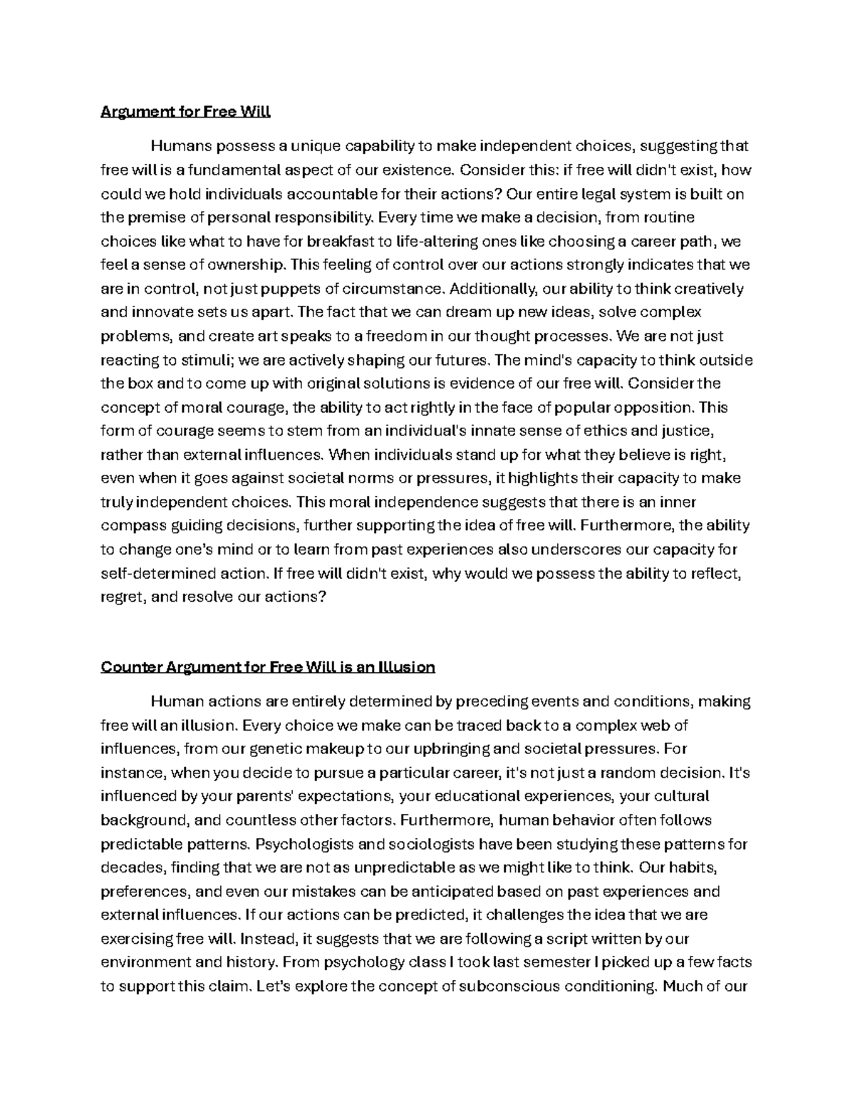 PHIL 101: Essay on Free Will - Arguments and Counterarguments - Studocu