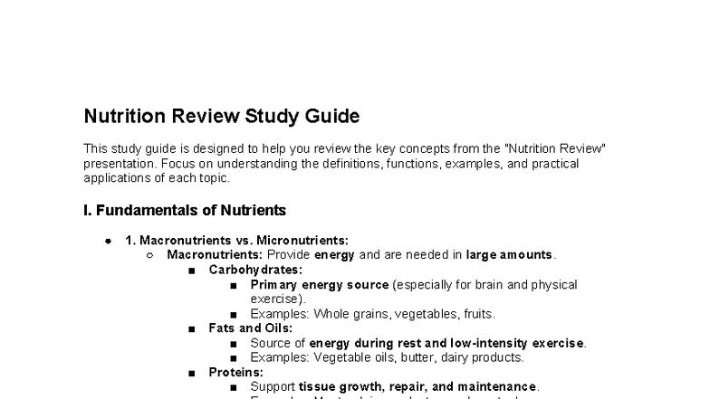 Nutrition Review Study Guide: Key Concepts and Applications - Studocu