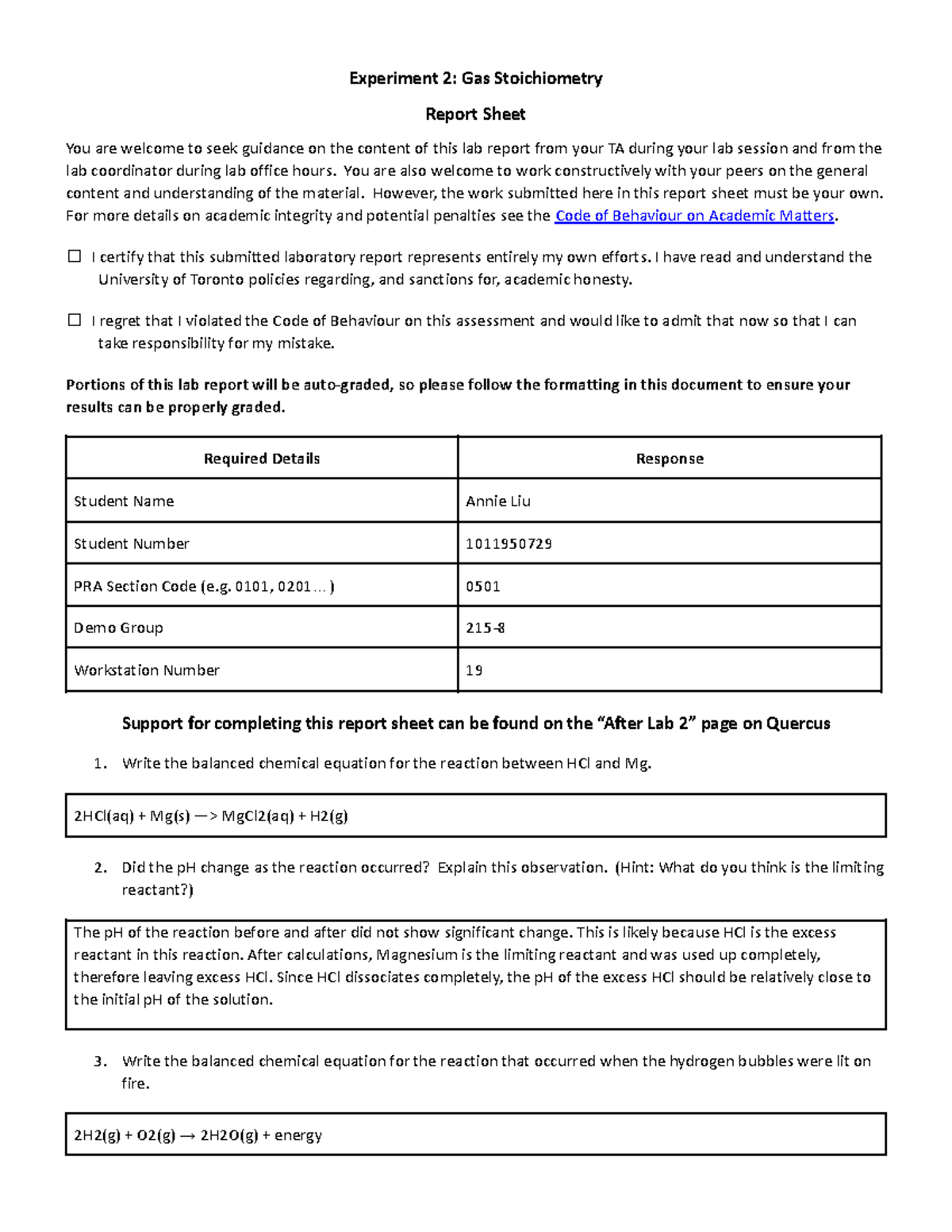 CHM135 Lab 2: Gas Stoichiometry Experiment Report Sheet - Studocu