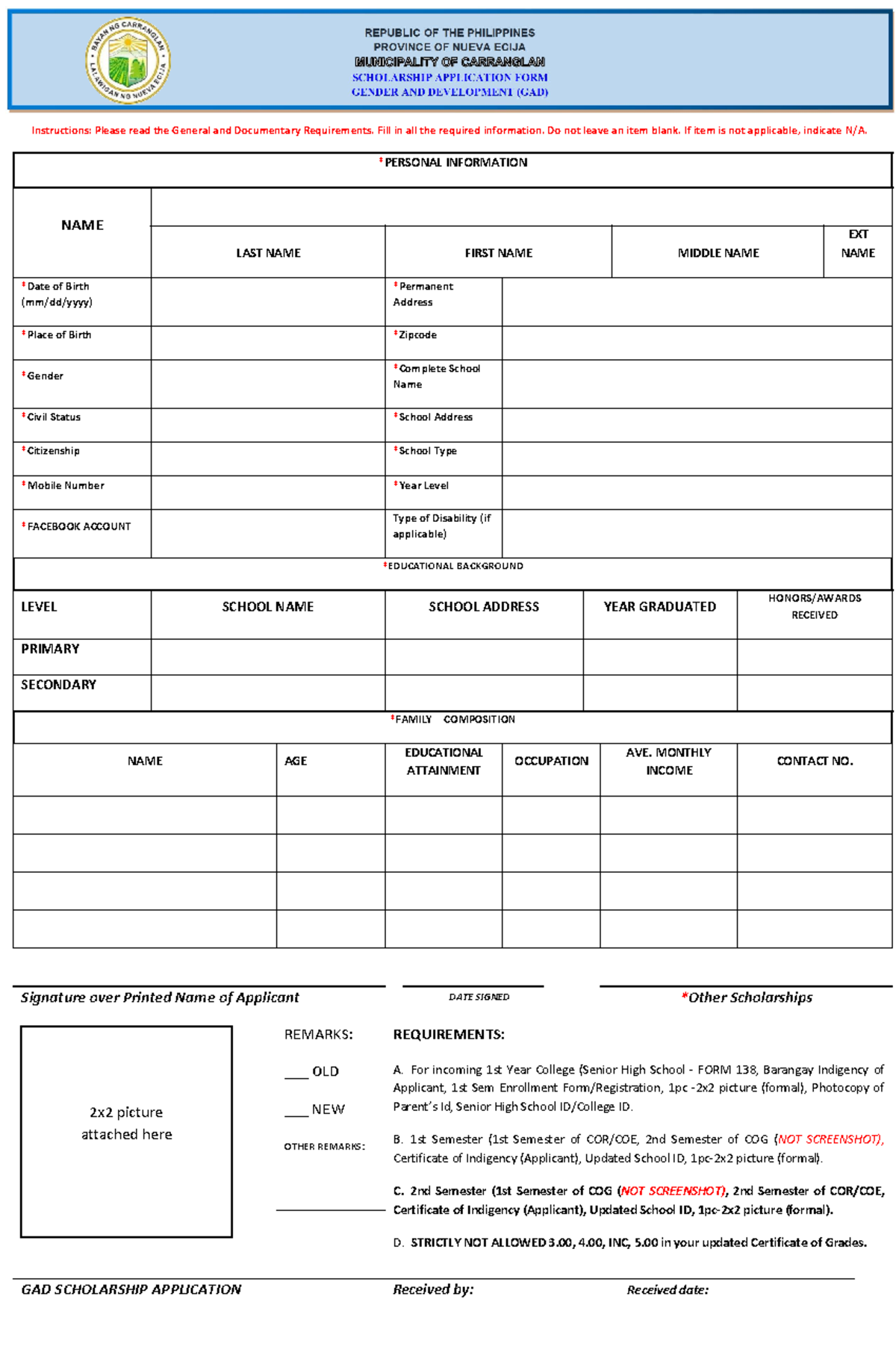 GAD Scholarship Application Form Instructions and Requirements - Studocu