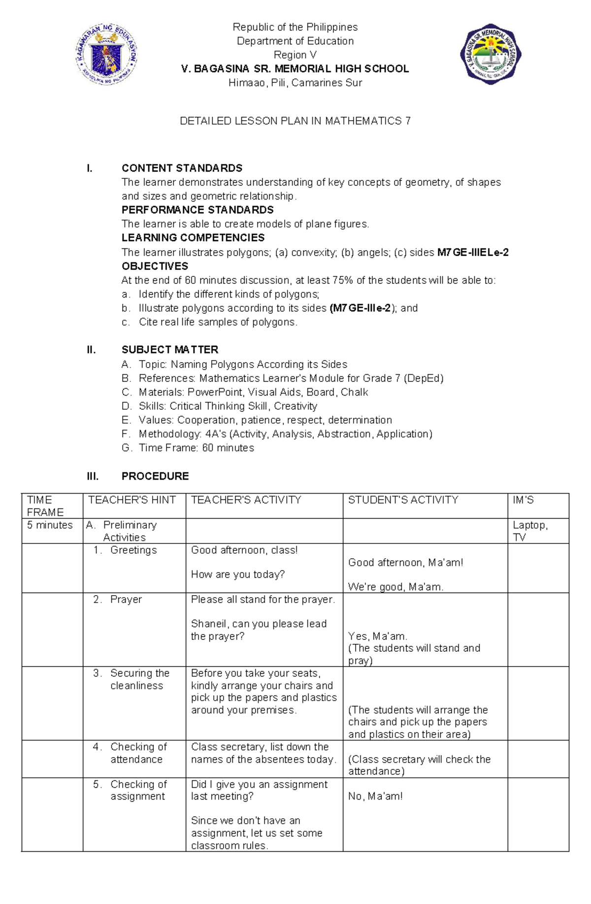 DLP7: Detailed Lesson Plan on Naming Polygons by Sides - Studocu