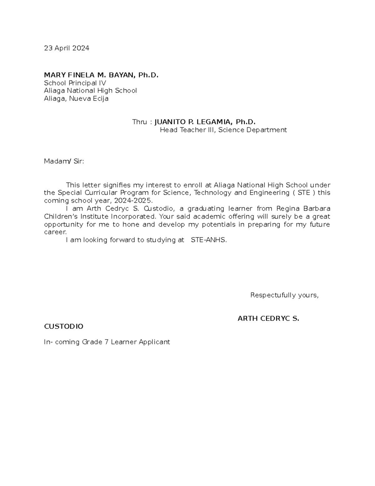 Letter of intent arth - 23 April 2024 MARY FINELA M. BAYAN, Ph. School Principal IV Aliaga ...
