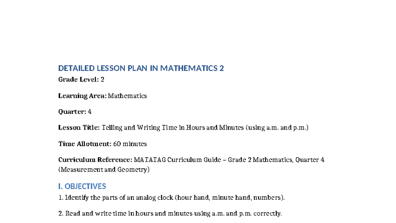 DLP Math2 Telling Time Enjoyable Detailed 2025 - DETAILED LESSON PLAN IN MATHEMATICS 2 Grade ...