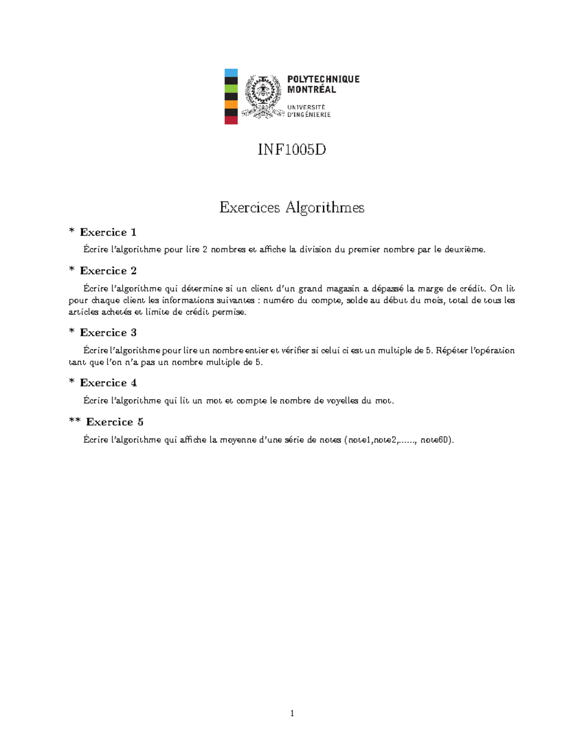 Énoncé - Exercices Algorithmes INF1005D - Studocu