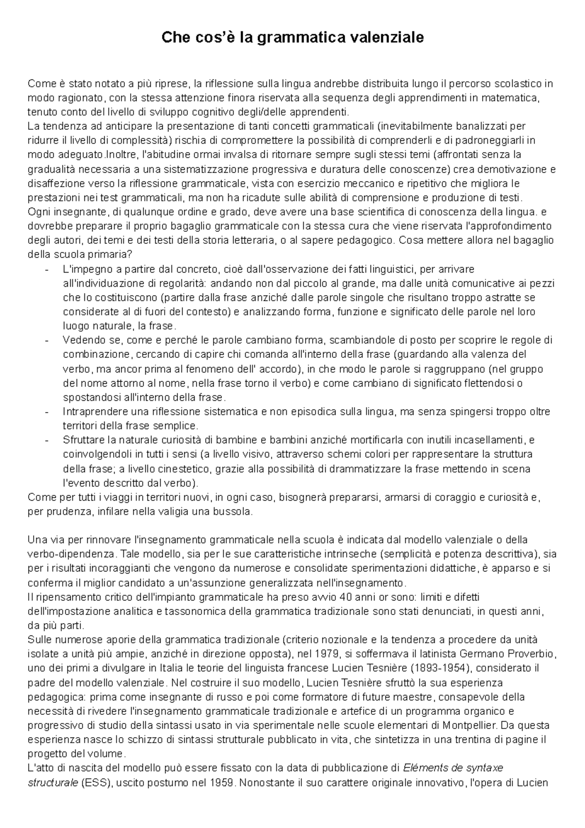 Grammatica Valenziale: Fondamenti e Insegnamento nella Scuola - Studocu