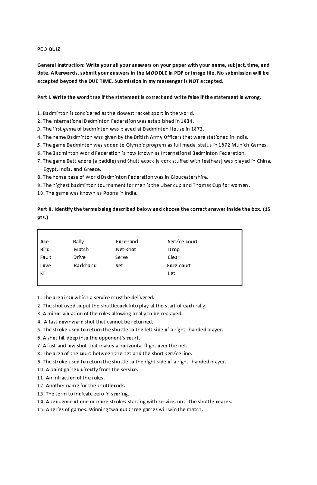 PE 3 Badminton Quiz - Answer Key and Instructions - Studocu
