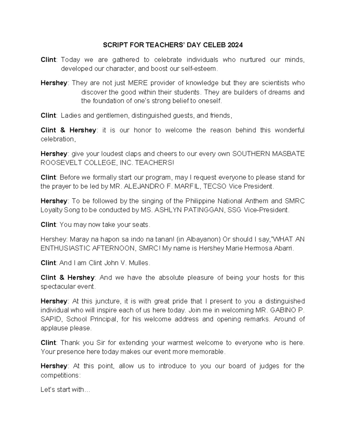 Script for Teachers' Day Celebration 2024 at SMRC - Studocu