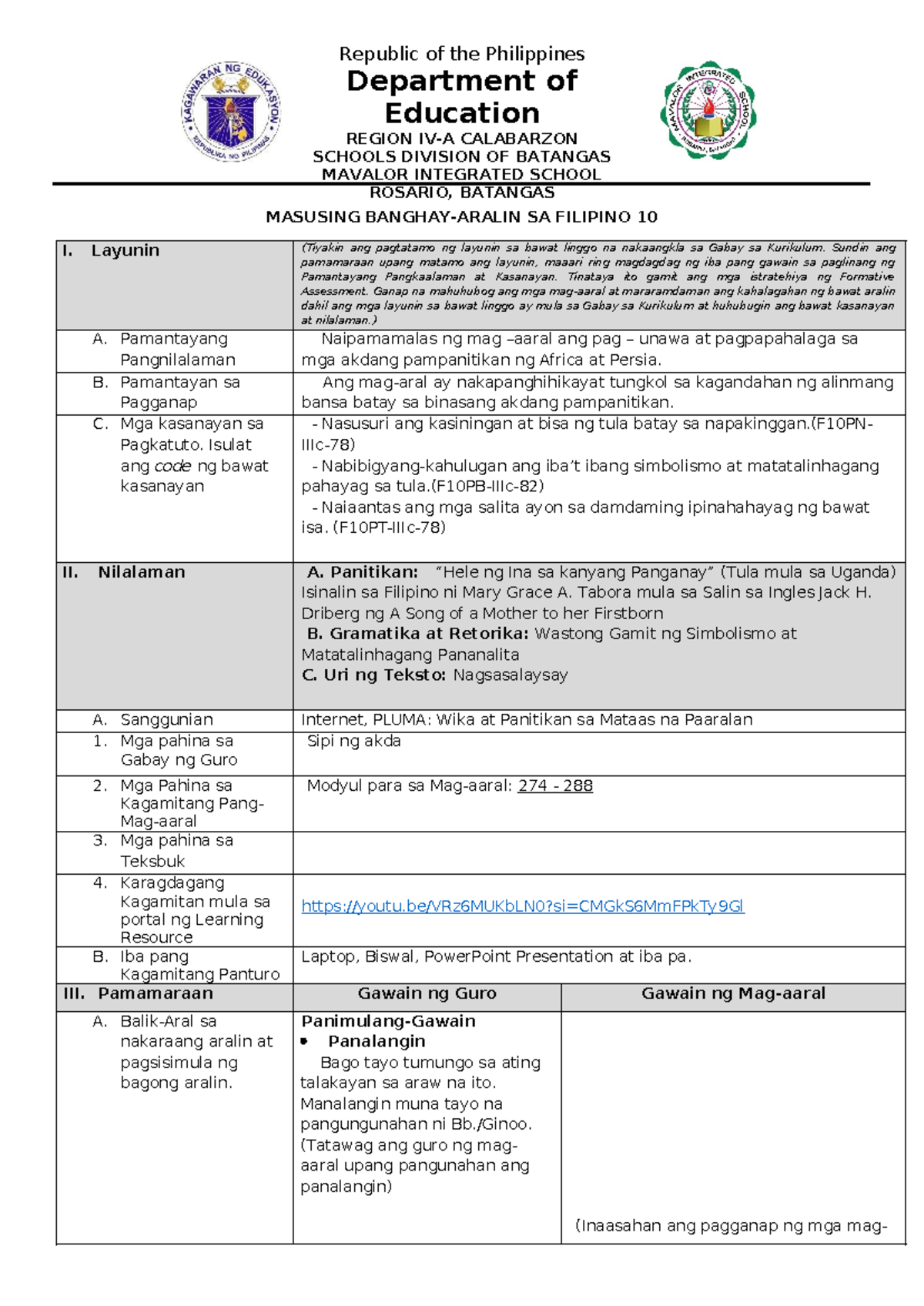 Lesson Plan para sa 'Hele ng Ina sa kanyang Panganay' (Filipino 10 ...
