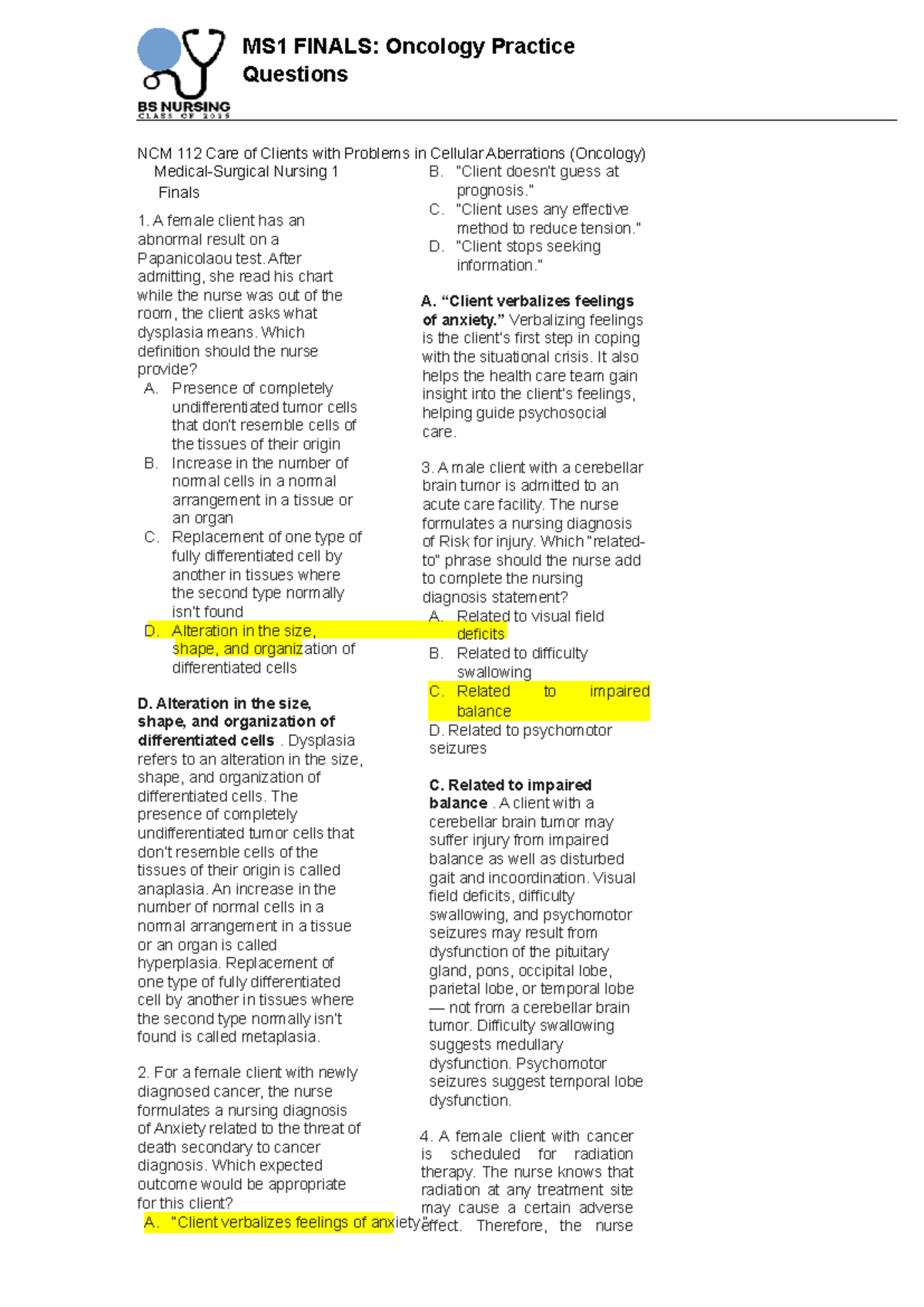 Onco Reviewer Midterm: Oncology Practice Questions NCM 112 - Studocu
