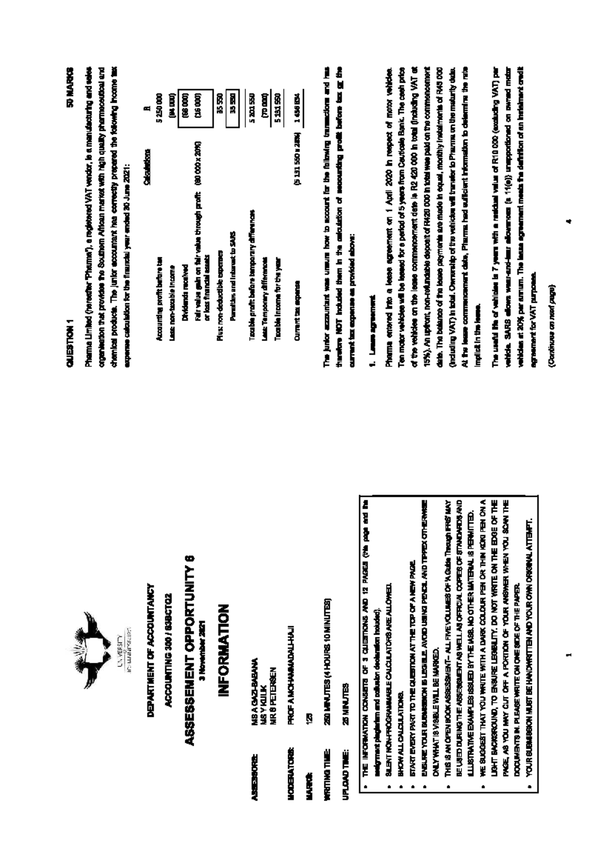 ACC300 AO6 2021 Final Exam Income Tax Calculations for Pharma Limited ...