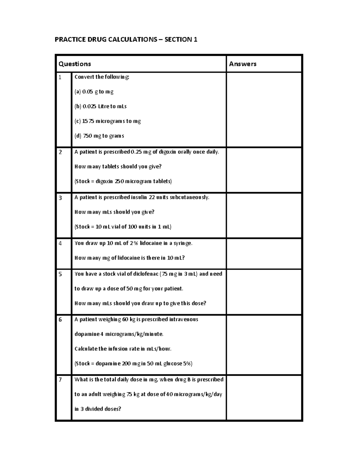 Practice drug calculations - PRACTICE DRUG CALCULATIONS – SECTION 1 ...