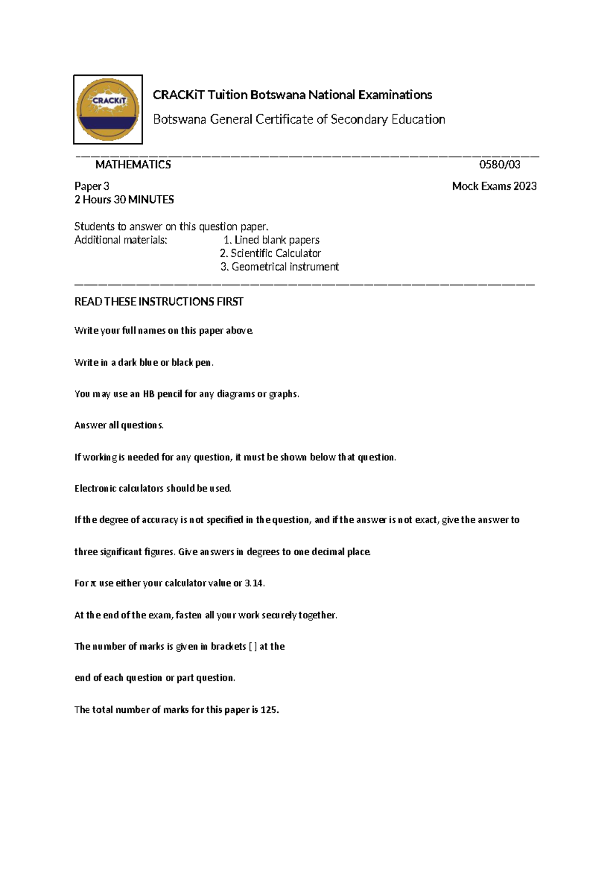 BGcse Maths Paper 3 Mock Exam 2023 - 2 Hours 30 Minutes - Studocu