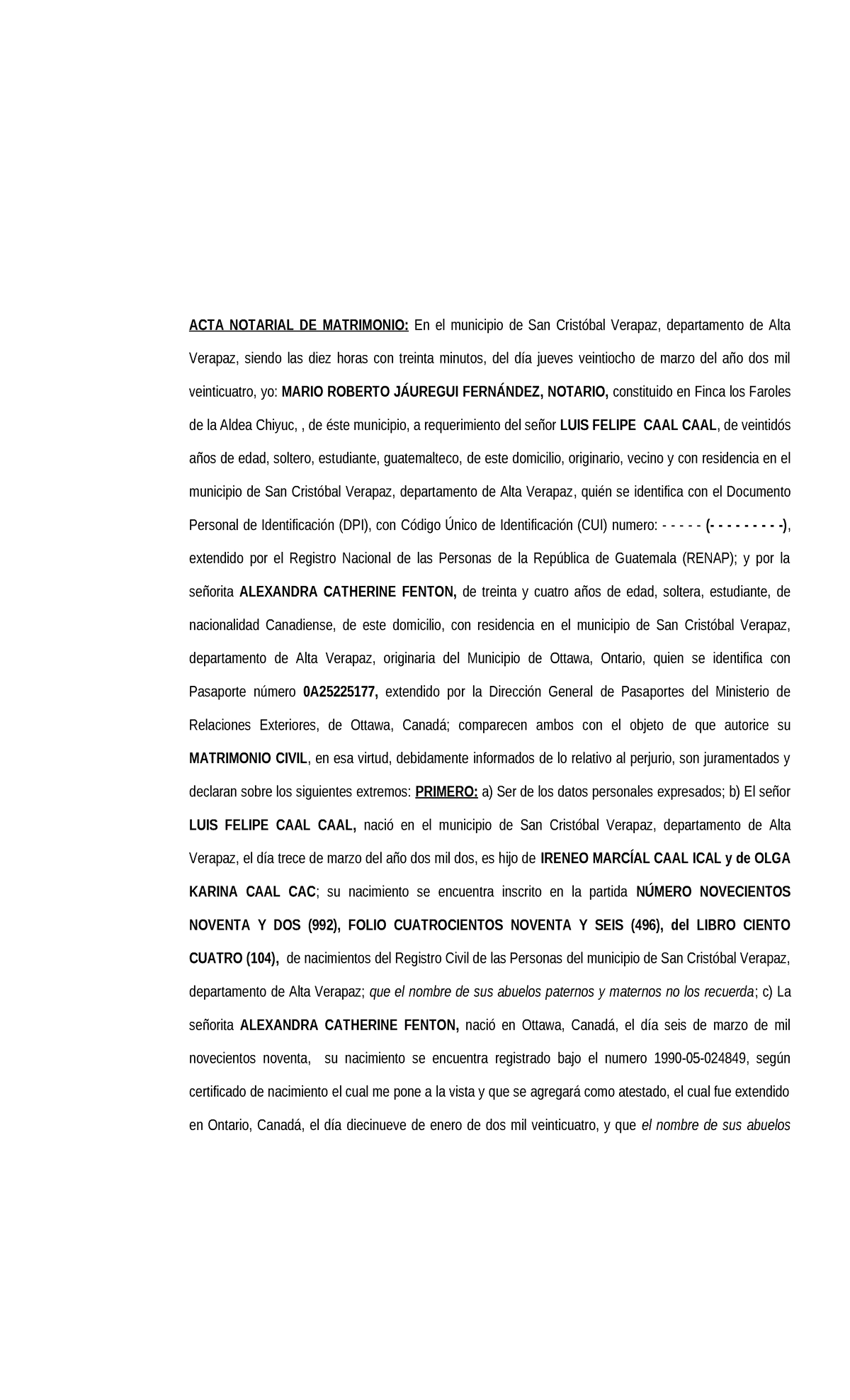 ACTA NOTARIAL DE MATRIMONIO: Luis Felipe Caal y Alexandra Fenton - Studocu