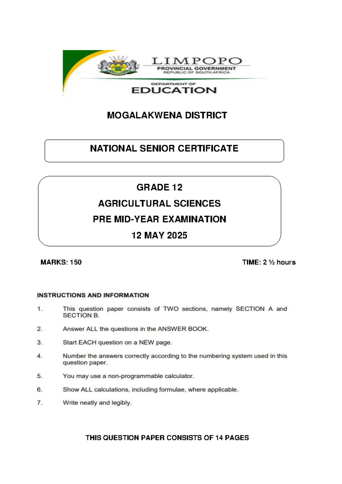AGRS 2025 G12 Pre Mid Year Exam: Agricultural Sciences Overview - Studocu