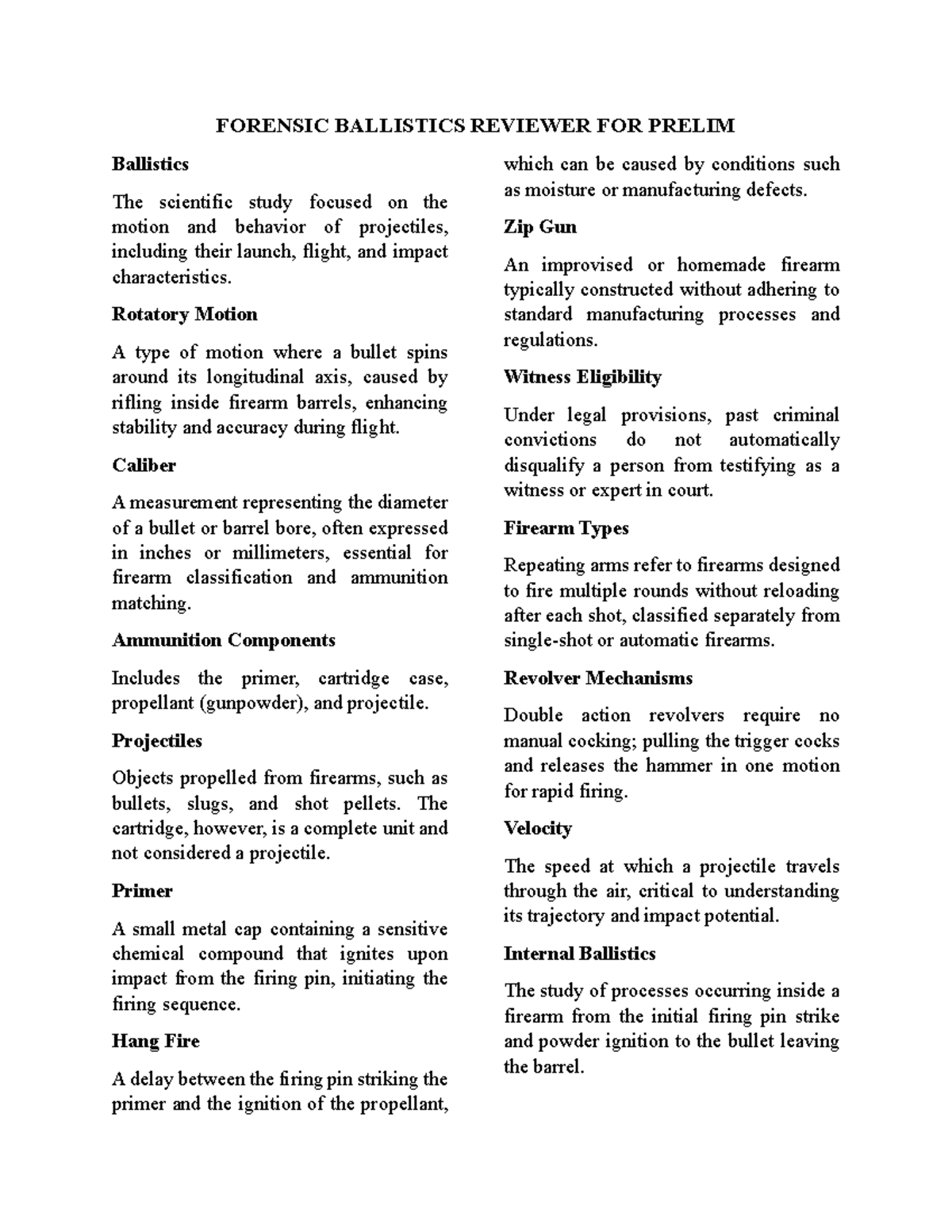 Forensic Ballistics Reviewer for PRELIM Exam - Studocu