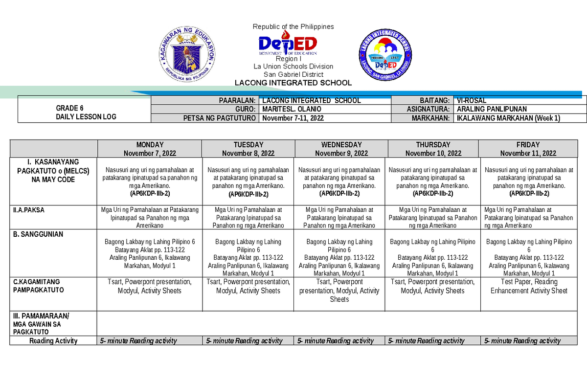 AP ARALING PANLIPUNAN Daily Lesson Log Nov 7-11, 2022 (Grade 6) - Studocu