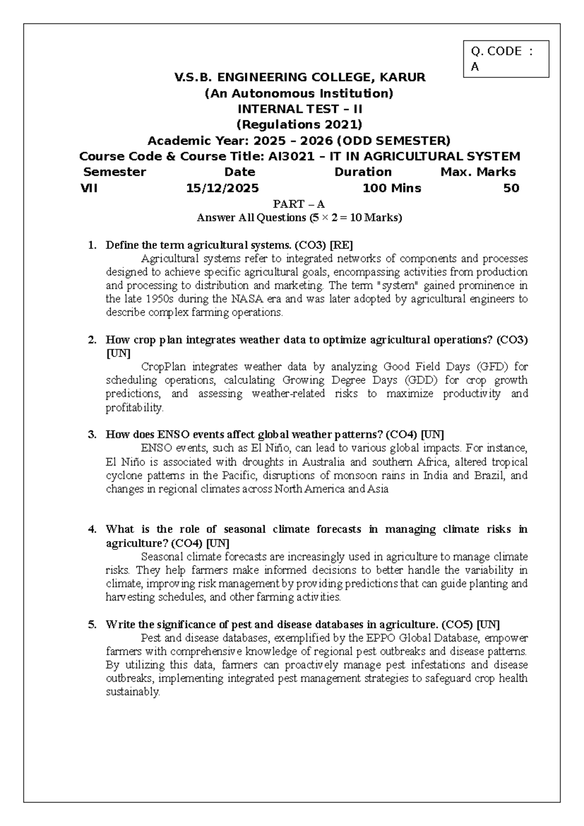 IT3021 Internal Test II Answer Key: IT in Agricultural Systems - Studocu