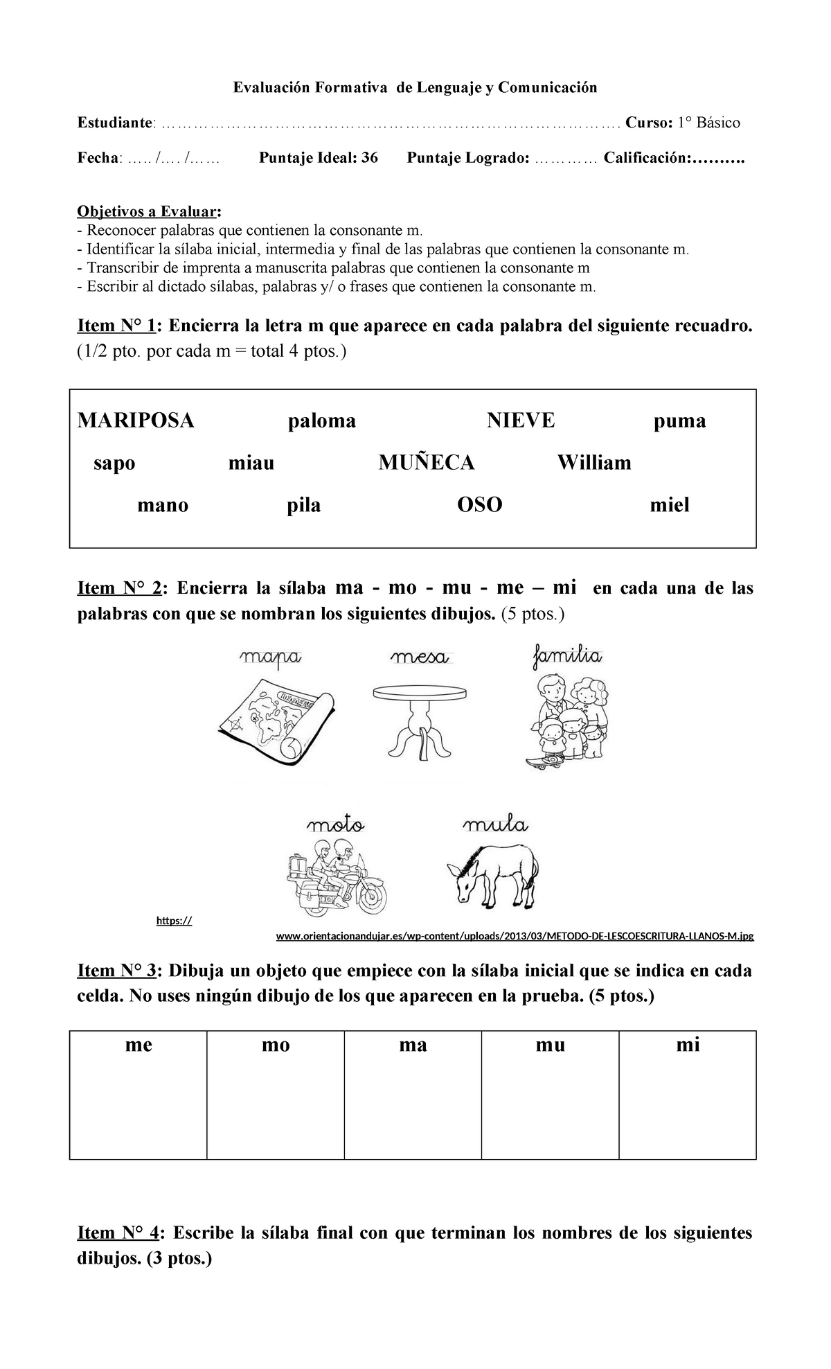 Evaluación Formativa: Consonante 'm' - Lenguaje y Comunicación 1 ...