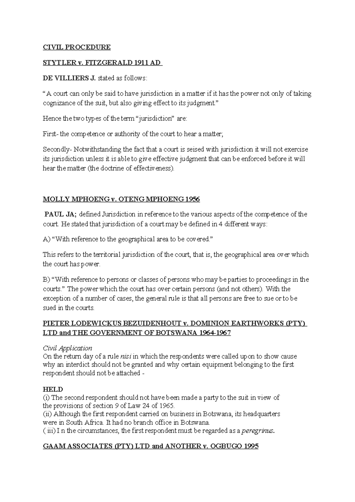 Civil Procedure Cases: Key Jurisdictional Principles and Notes - Studocu