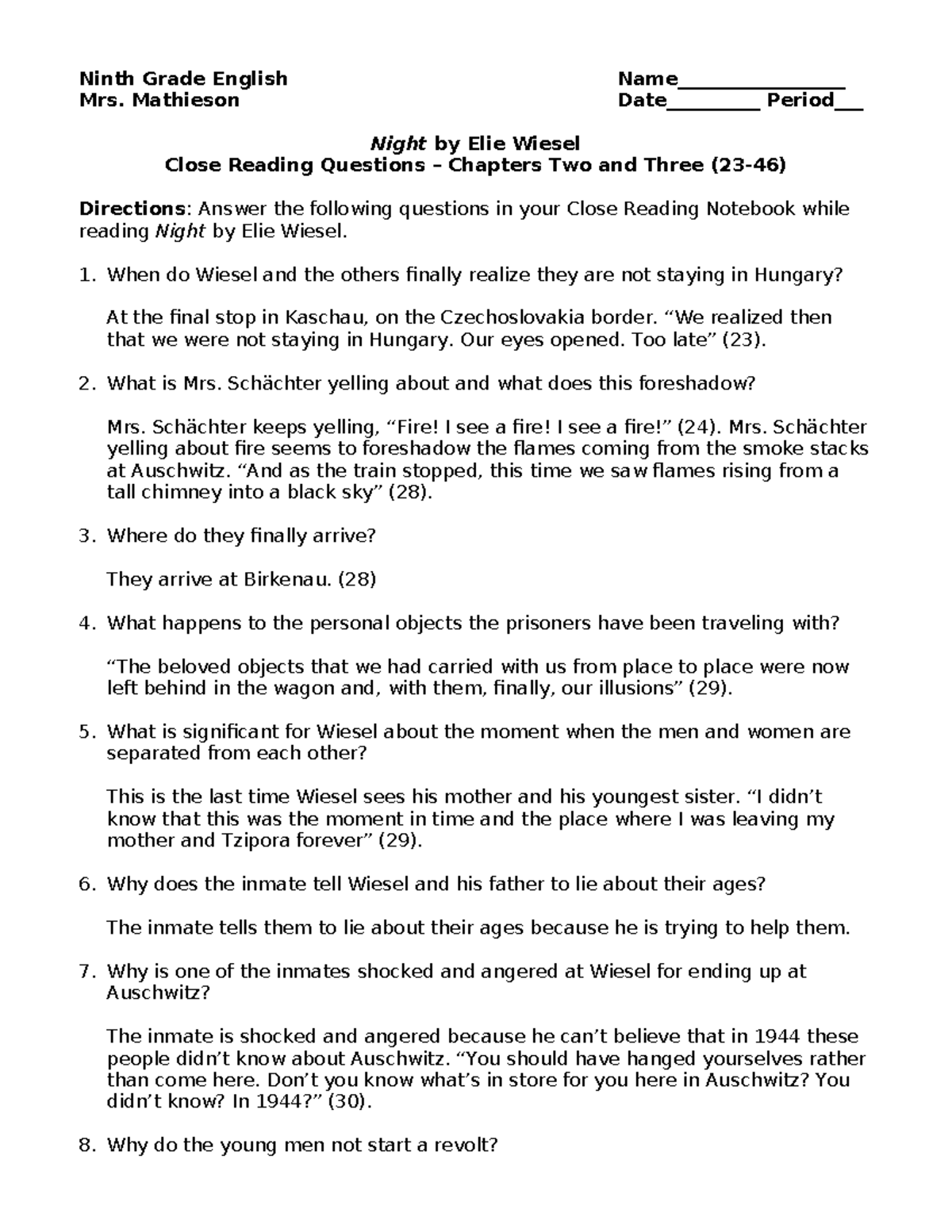 Close Reading Questions for Night Ch. 2-3: Key Insights and Analysis ...