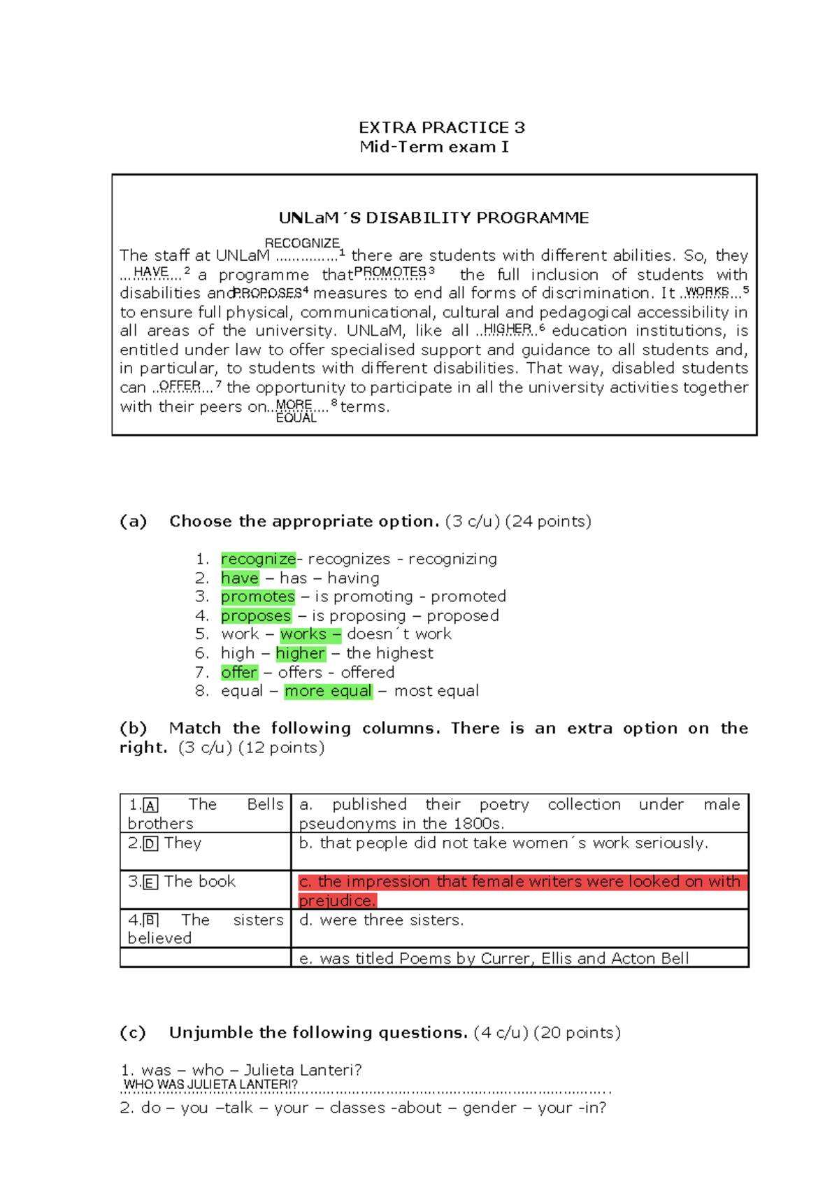 Mid Term I Extra practice 3 WITH KEY1 - EXTRA PRACTICE 3 Mid-Term exam I UNLaM¥S DISABILITY ...