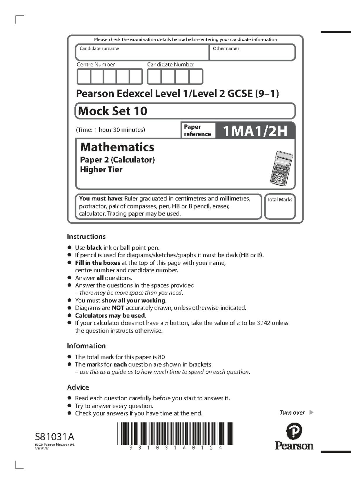 GCSE Maths Mock Set 10 1MA1 2H Question Paper - Studocu