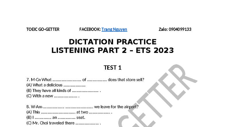ETS 2023 TOEIC Listening Practice: Dictation Part 2 Test 1 - Studocu