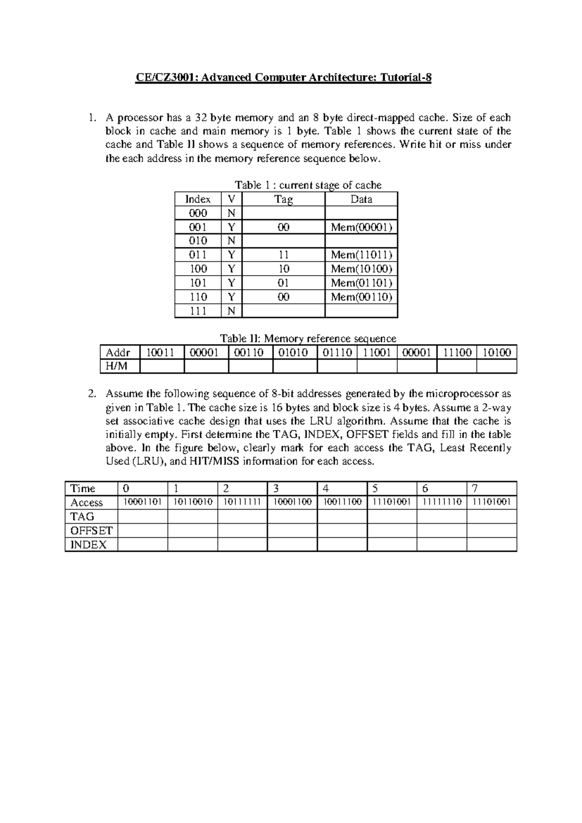 Advanced Computer Architecture: Tutorial 8 - Cache Analysis and Memory ...