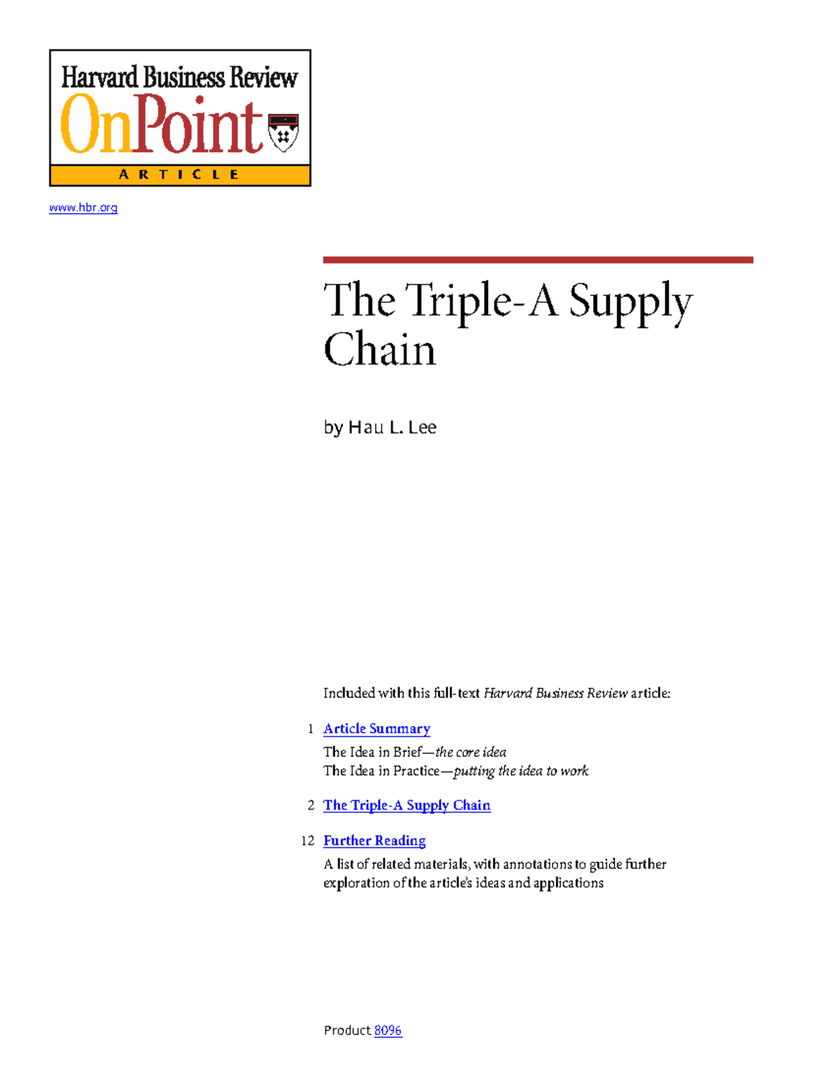 Supply Chain Management Insights: HBR Article by Hau L. Lee - Studeersnel